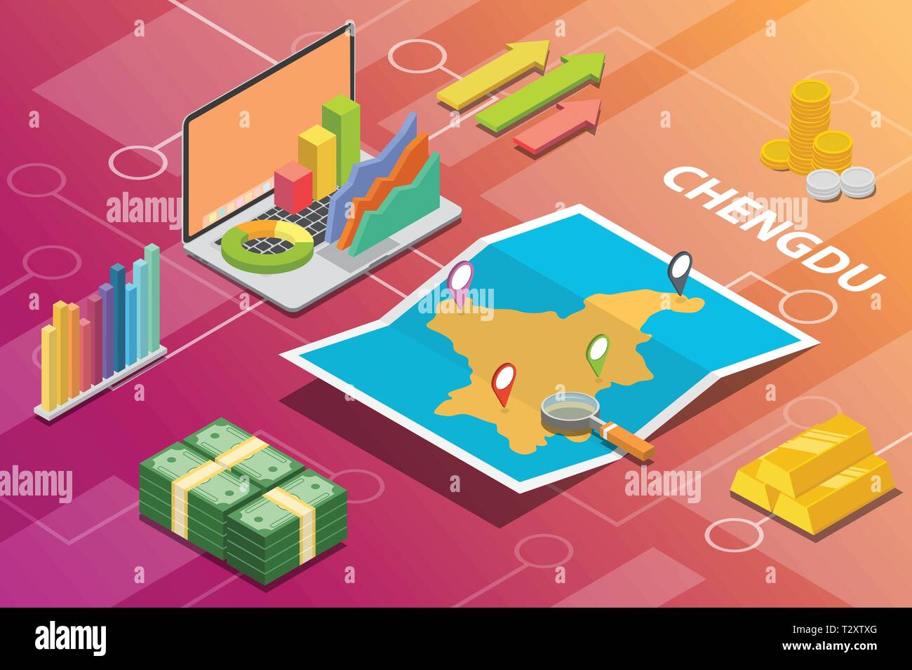 chengdu city isometric financial economy condition concept for describe ...