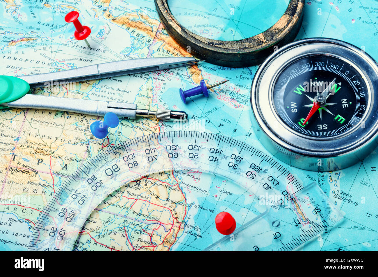 Retro compass with vintage map.Compass on map background Stock Photo ...