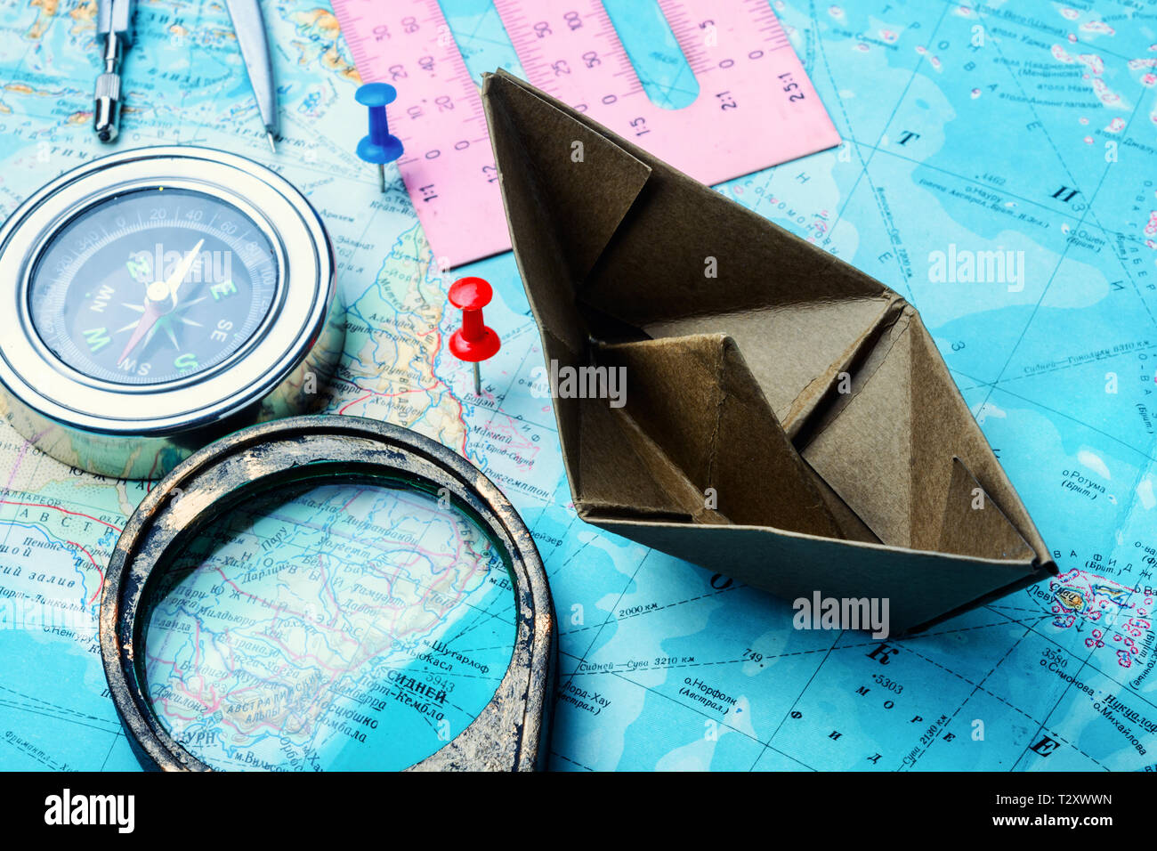Retro compass with vintage map.Compass on map background Stock Photo ...