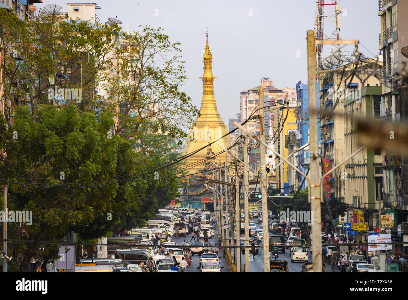 View from above, daily traffic and city life on the streets of Yangon ...