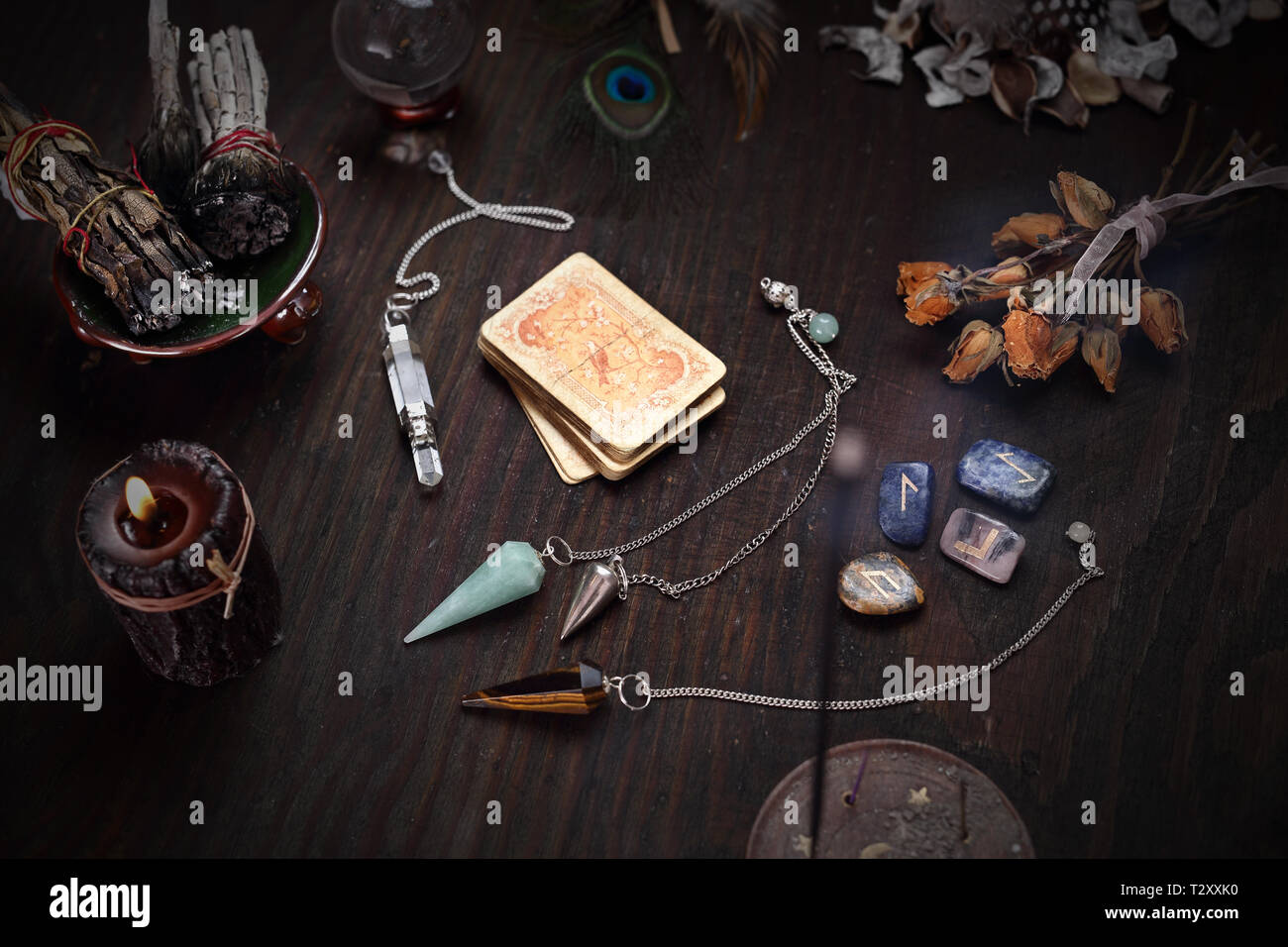 Old deck of cards for divination and pendulum Stock Photo - Alamy