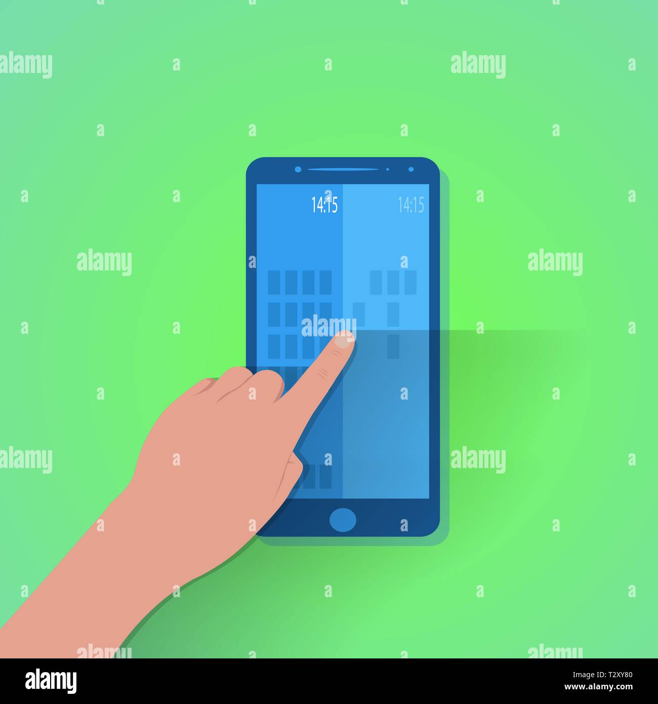 Finger touch of smartphone screen with green background, vector ...