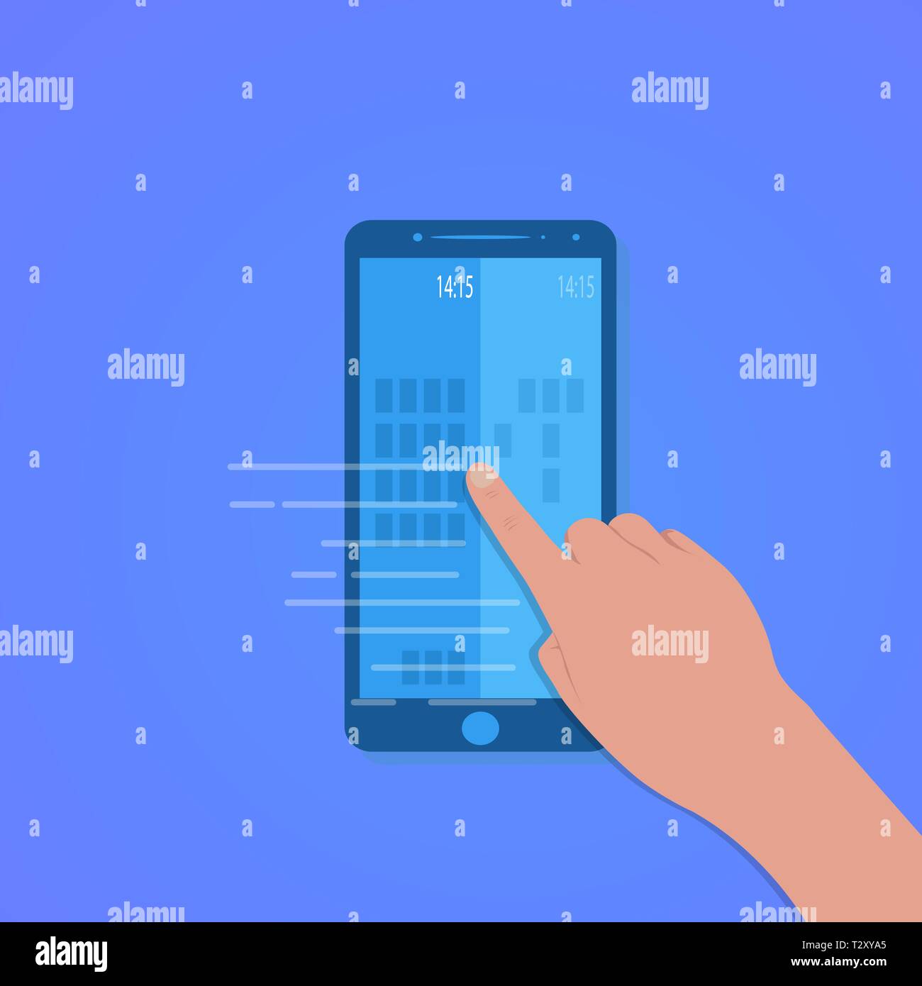 Finger touch of smartphone screen with blue background, vector ...