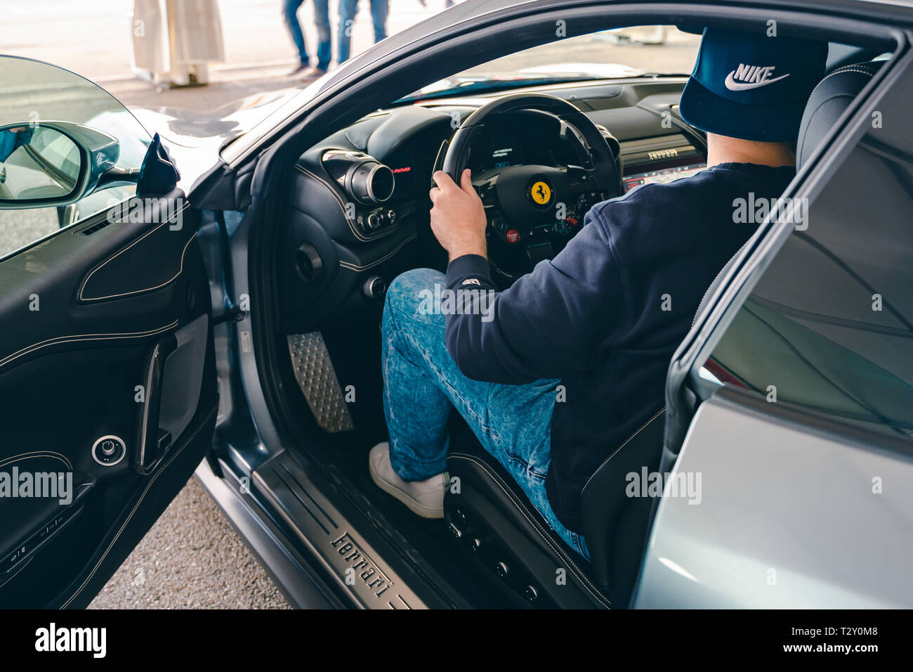 Valencia,Spain - March 30, 2019: Sitting in a Ferrari. Man in a ...