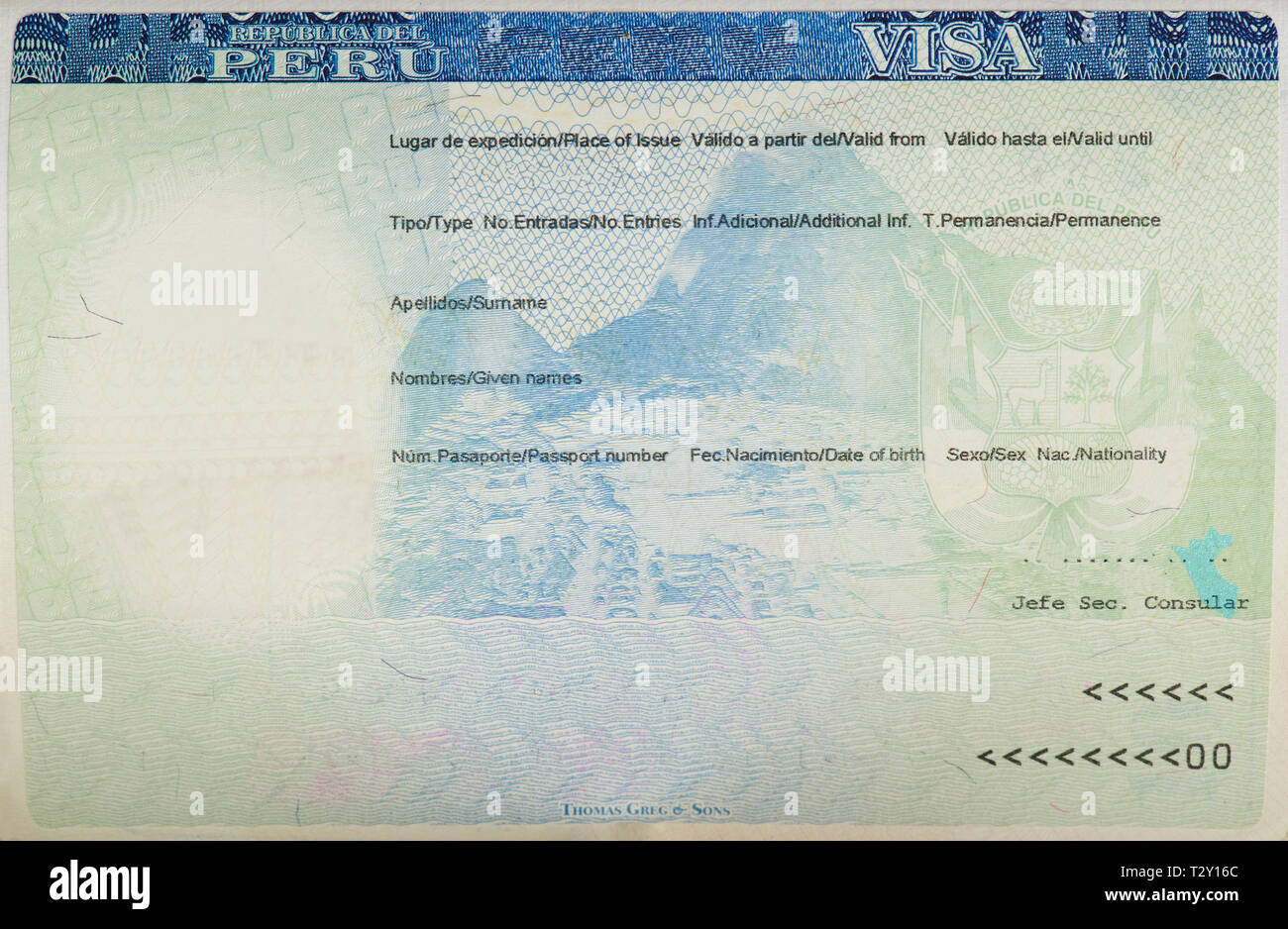 Empty blank peru visa on passport page close up view Stock Photo - Alamy