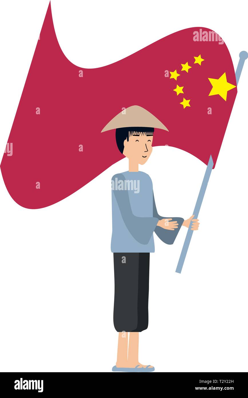 man peasant with flag chinese avatar character vector illustration ...