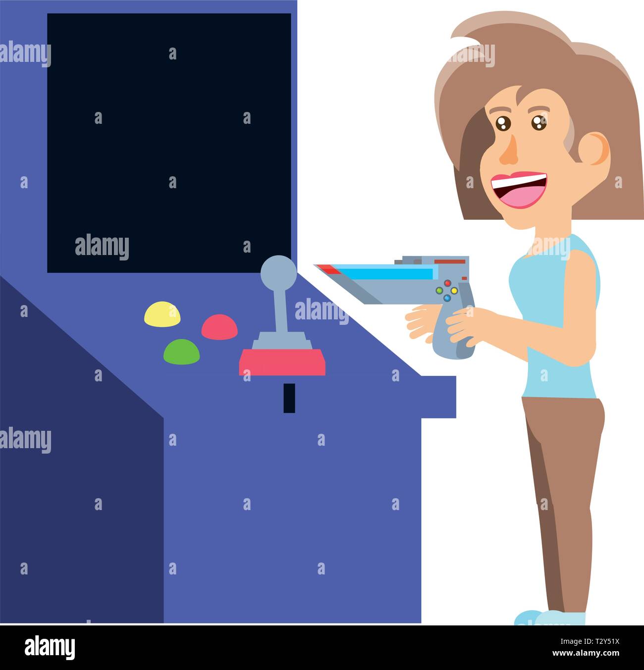 girl playing in retro console video game machine vector illustration ...