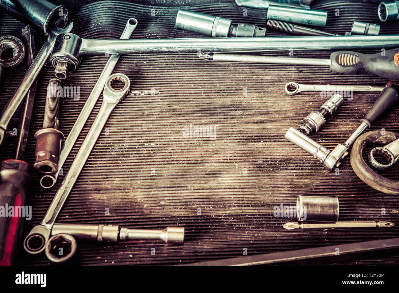 Car repair tools on rubber mat with copy space Stock Photo - Alamy