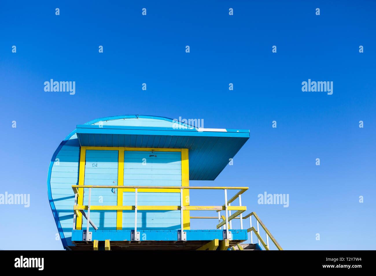 Looking up at one of the colorful and iconic lifeguard towers on Miami ...