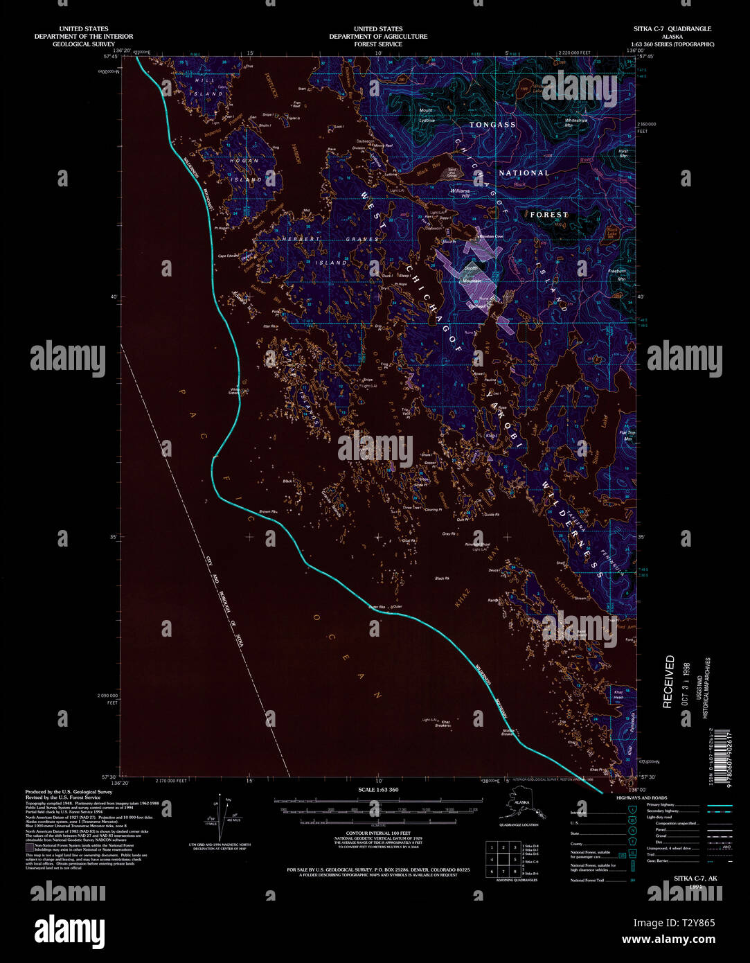 USGS TOPO Map Alaska AK Sitka C-7 359144 1994 63360 Inverted ...