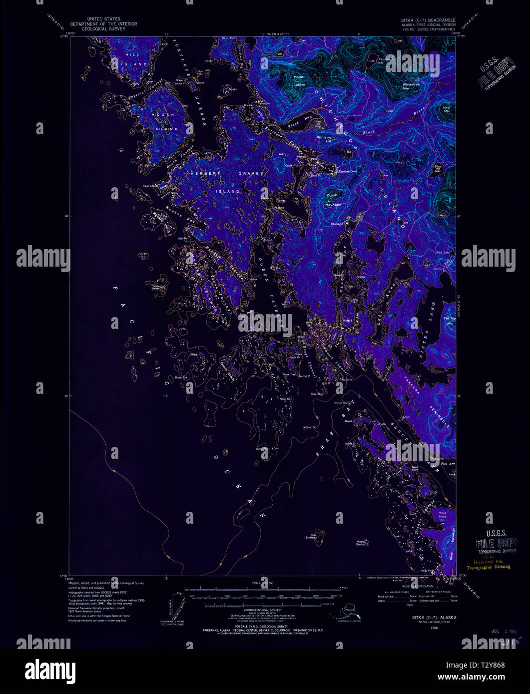USGS TOPO Map Alaska AK Sitka C-7 359145 1948 63360 Inverted ...