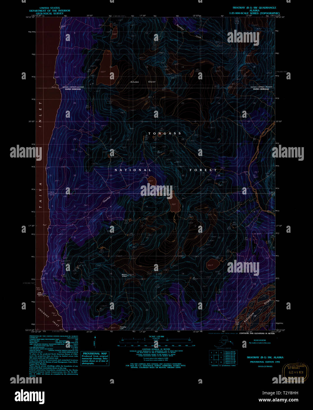 USGS TOPO Map Alaska AK Skagway B-1 SW 353813 1991 25000 Inverted ...