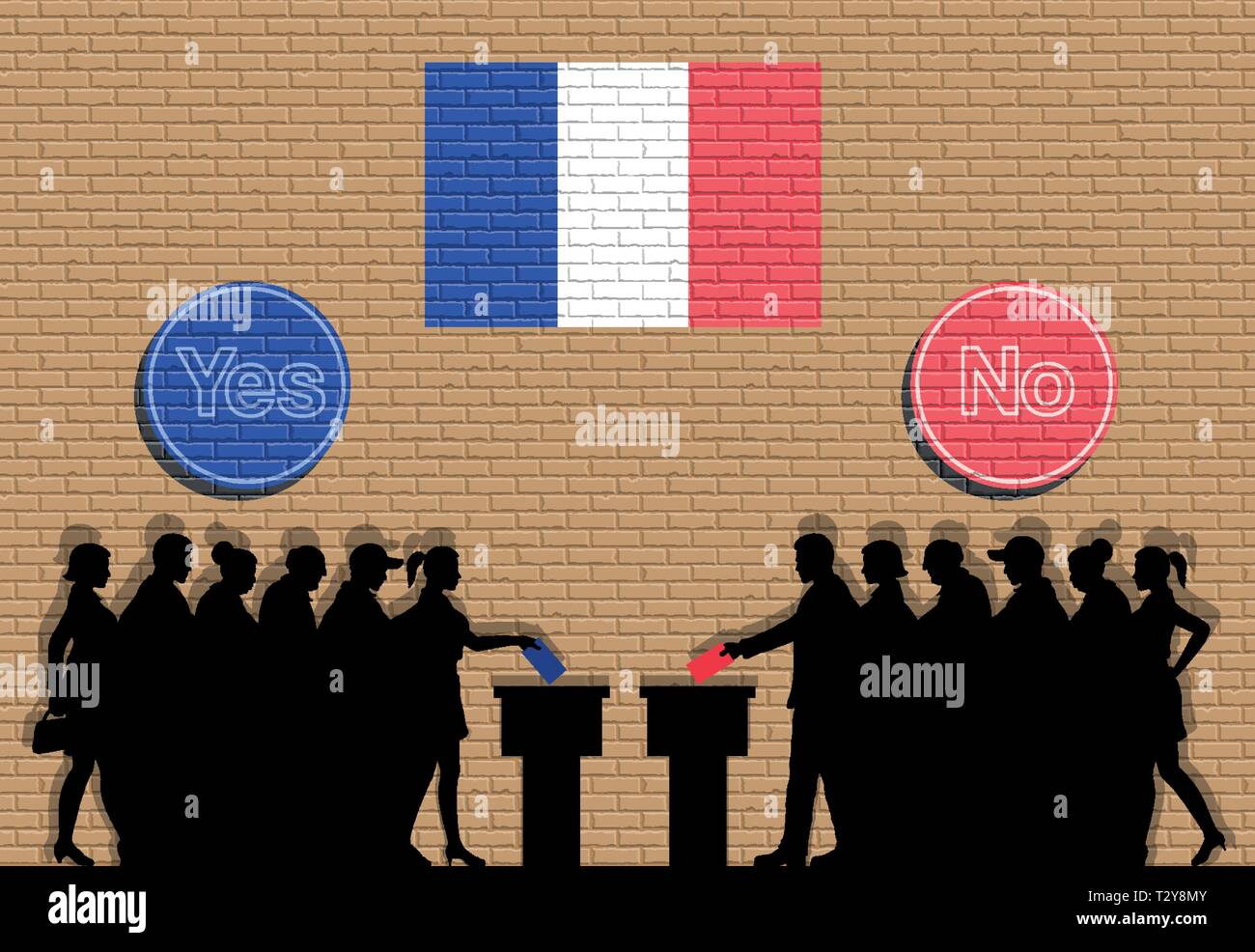 French voters crowd silhouette in France election with yes and no signs ...