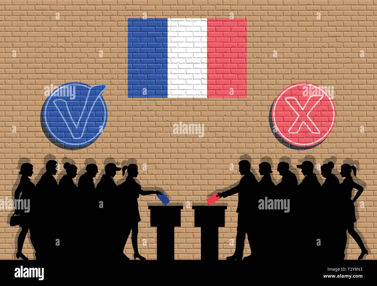 French voters crowd silhouette in election with check marks and France ...