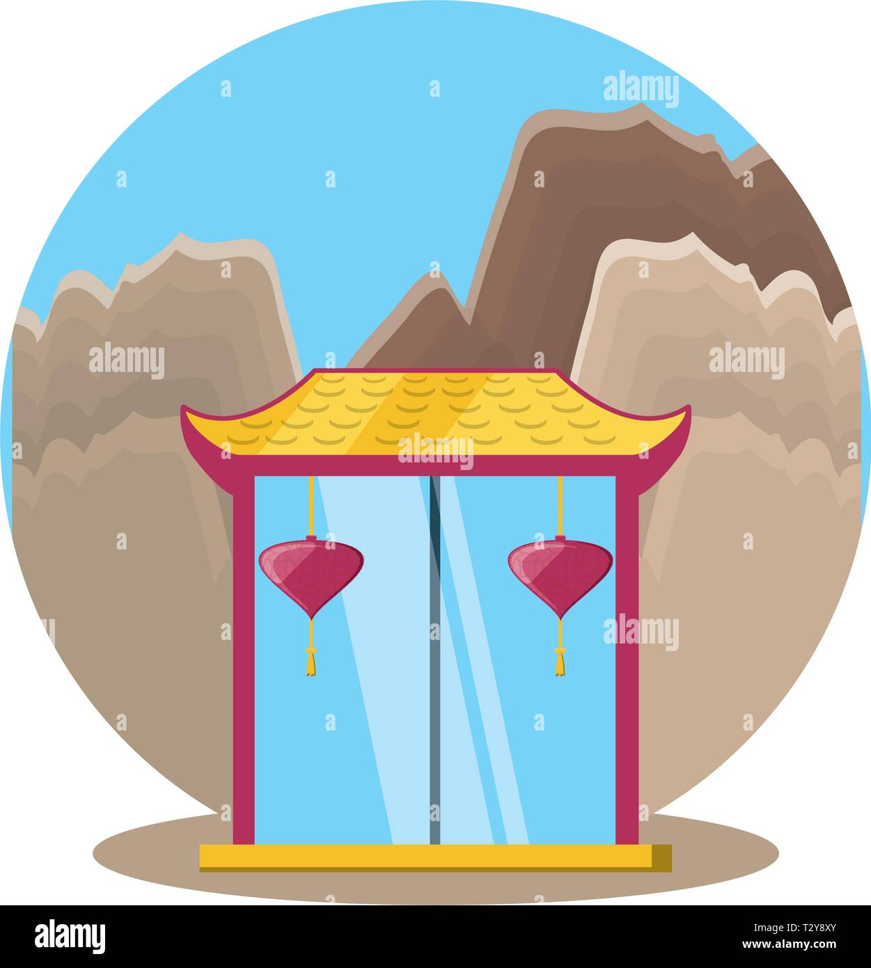 chinese portal with lantern hanging and lanscape vector illustration ...