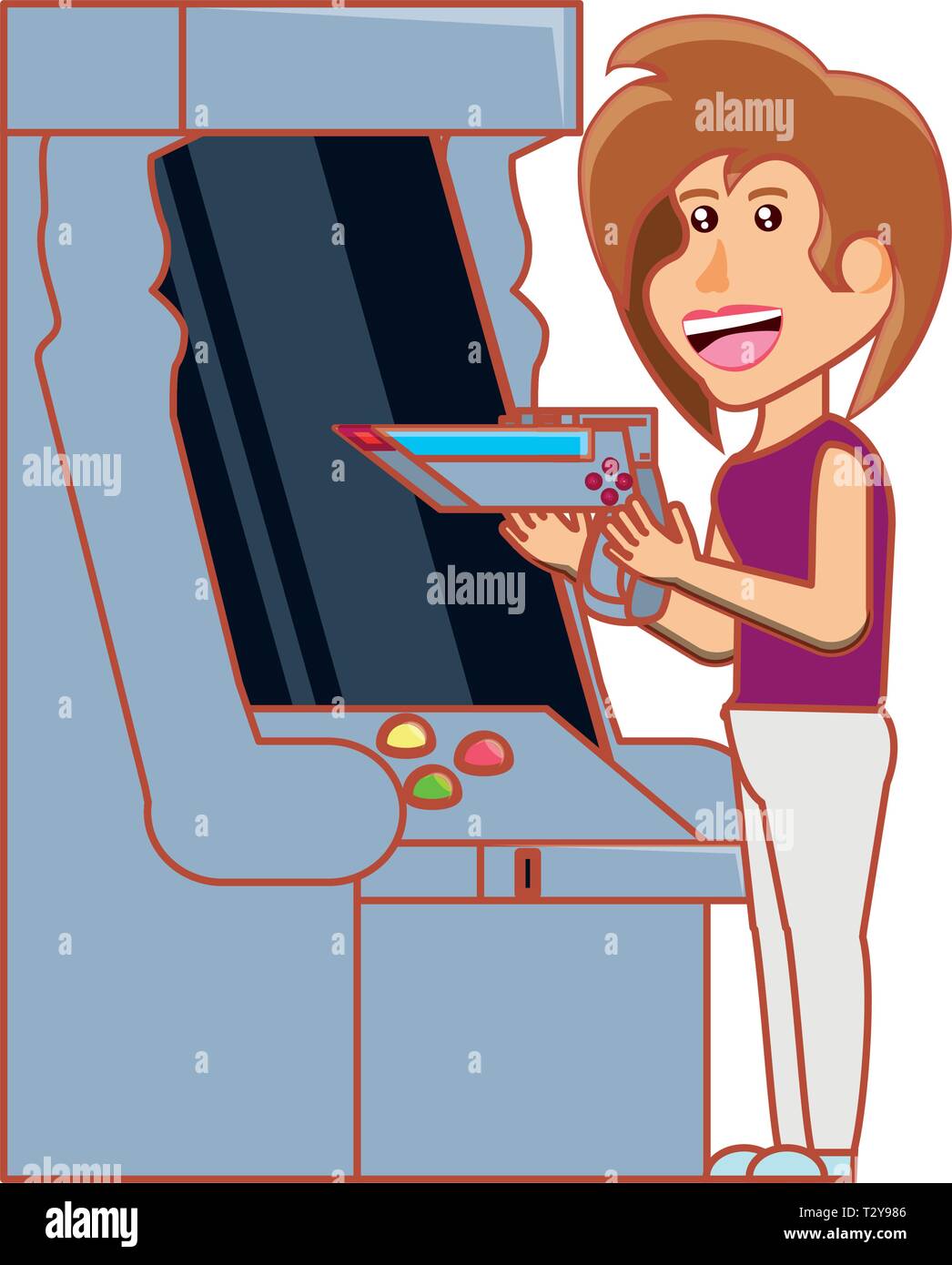 girl playing in retro console video game machine vector illustration ...
