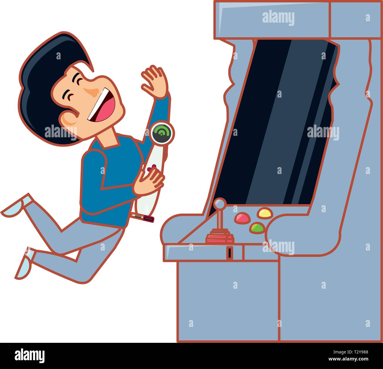 boy playing in retro console video game machine vector illustration ...