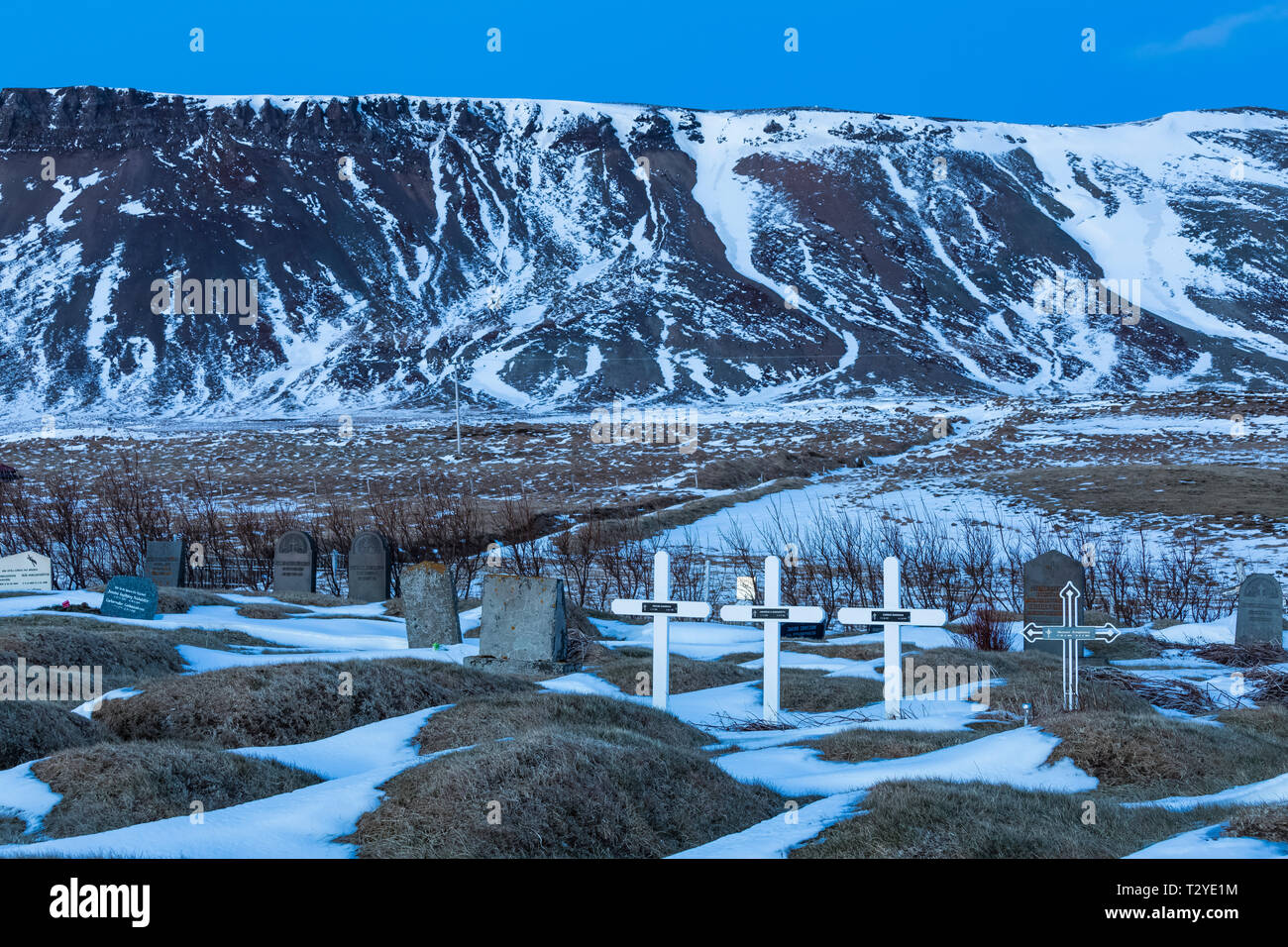 A rural cemetery in a beautiful mountainous setting on the Snæfellsnes ...
