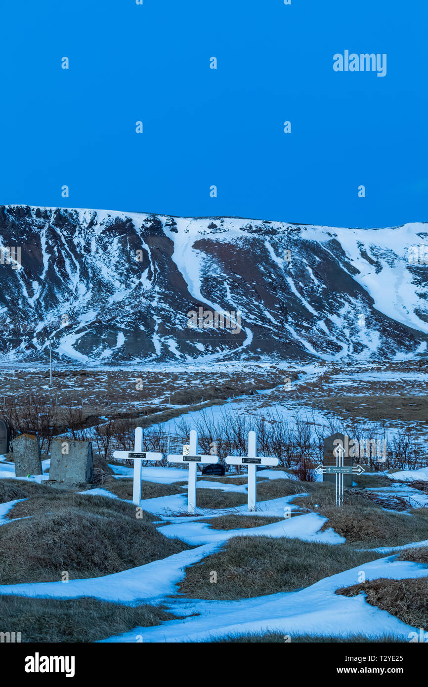 A rural cemetery in a beautiful mountainous setting on the Snæfellsnes ...