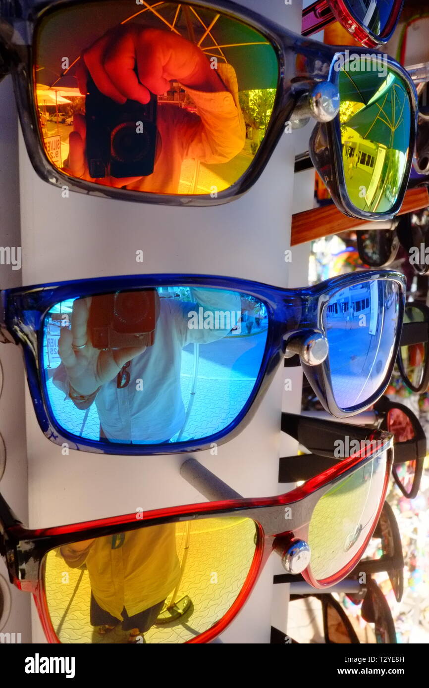 Reflective sunglasses on display at Playa del Carmen, Mexico Stock ...