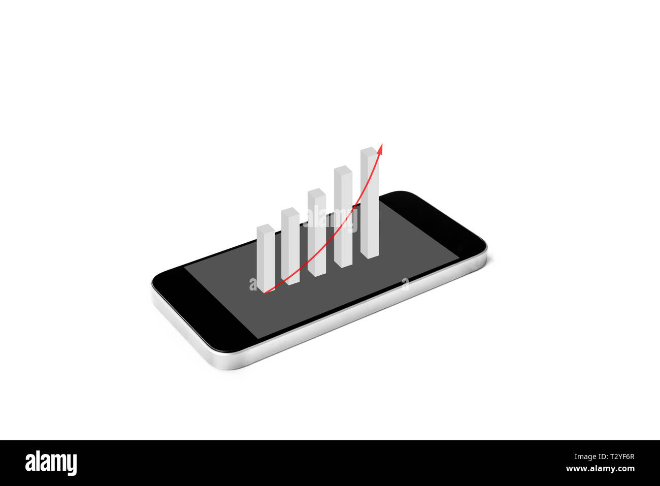 Mobile phone with increasing financial bar graph on screen, isolated on ...