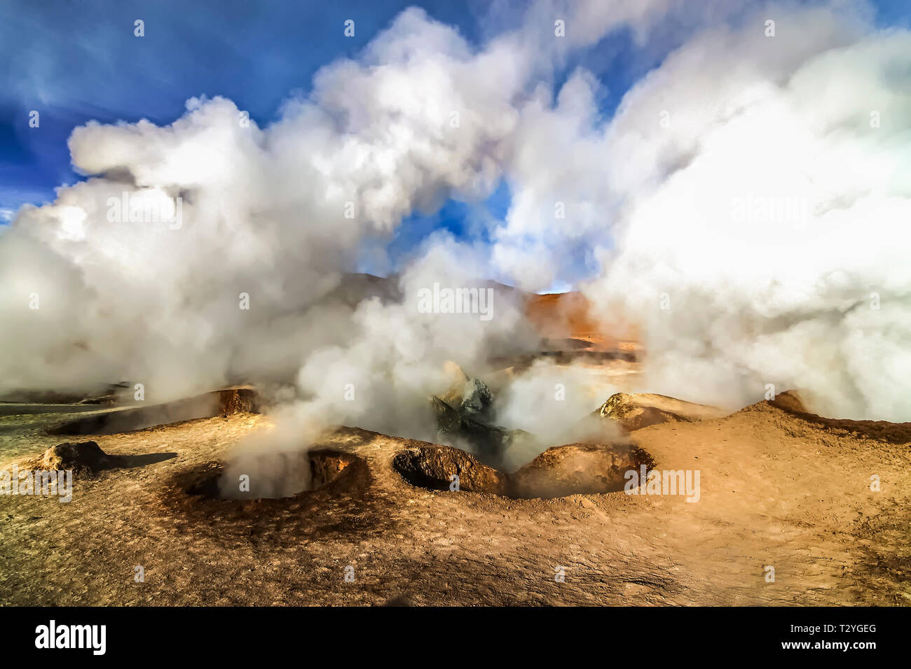 Hot steam pool geysers at the geothermal area of Sol de Manana, Bolivia ...