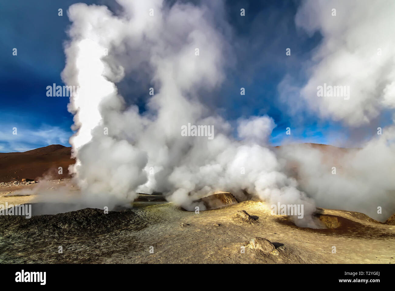 Hot steam pool geysers at the geothermal area of Sol de Manana, Bolivia ...