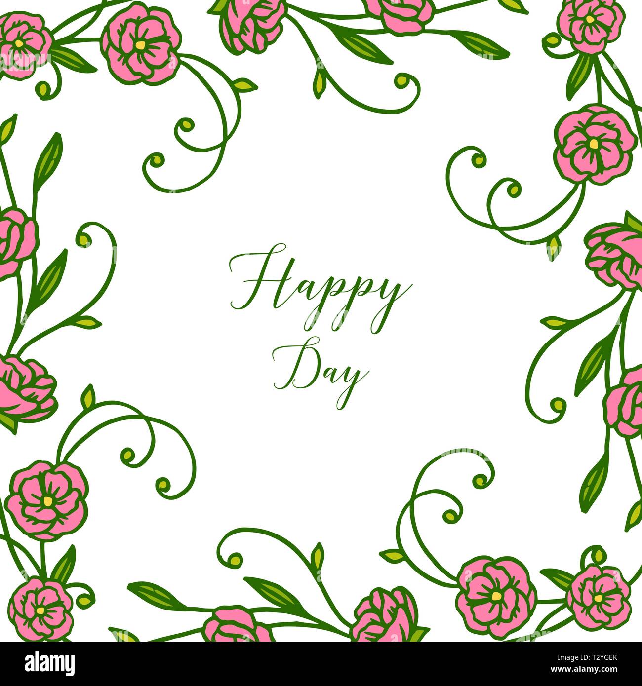Vector illustration greeting card happy day with red floral frame hand ...