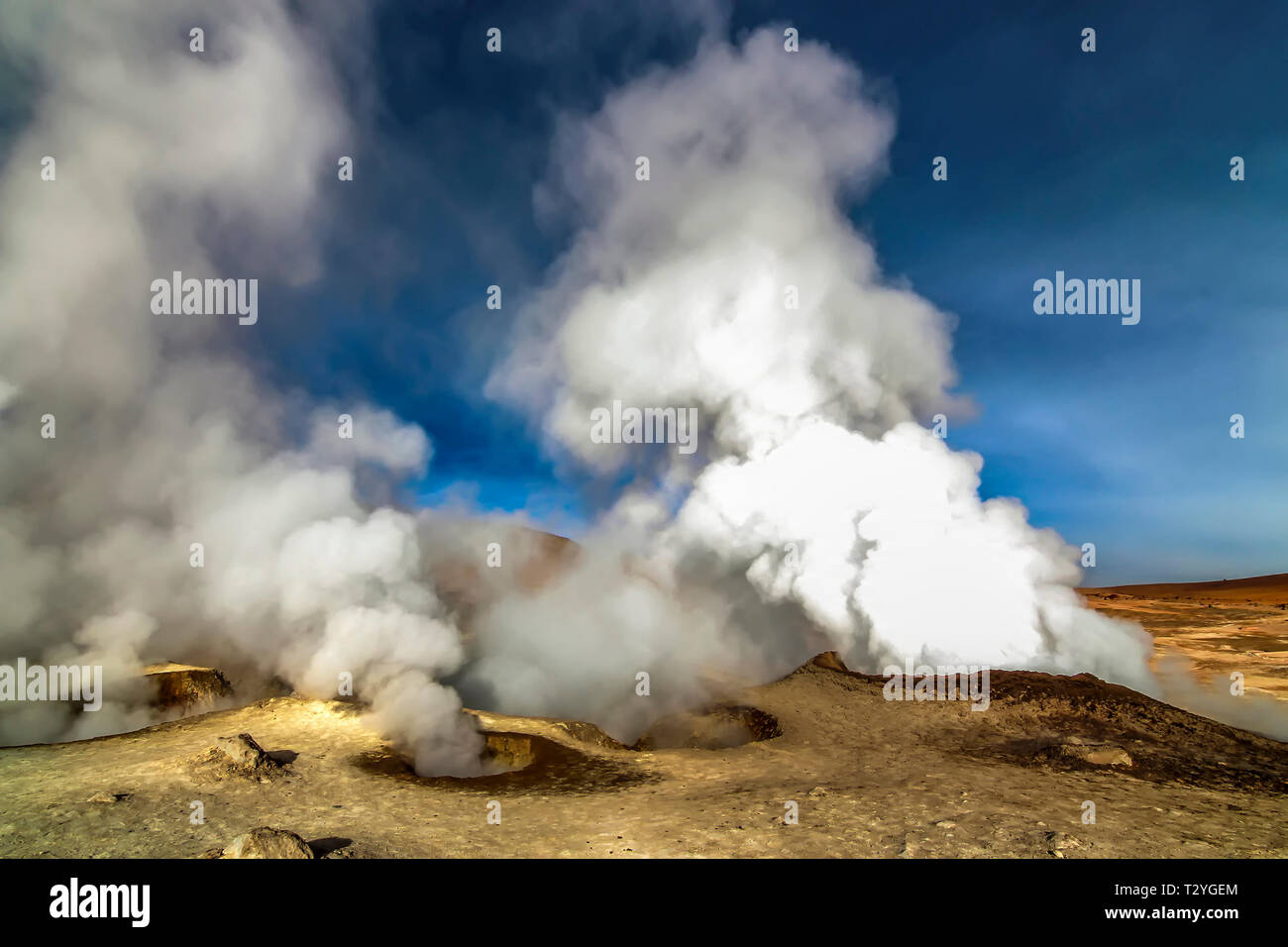 Hot steam pool geysers at the geothermal area of Sol de Manana, Bolivia ...