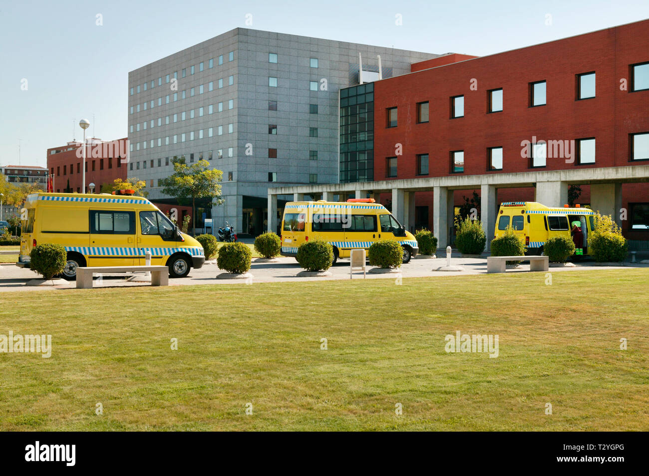 Ambulance vehicles on an hospital parking. Emergency transport ...