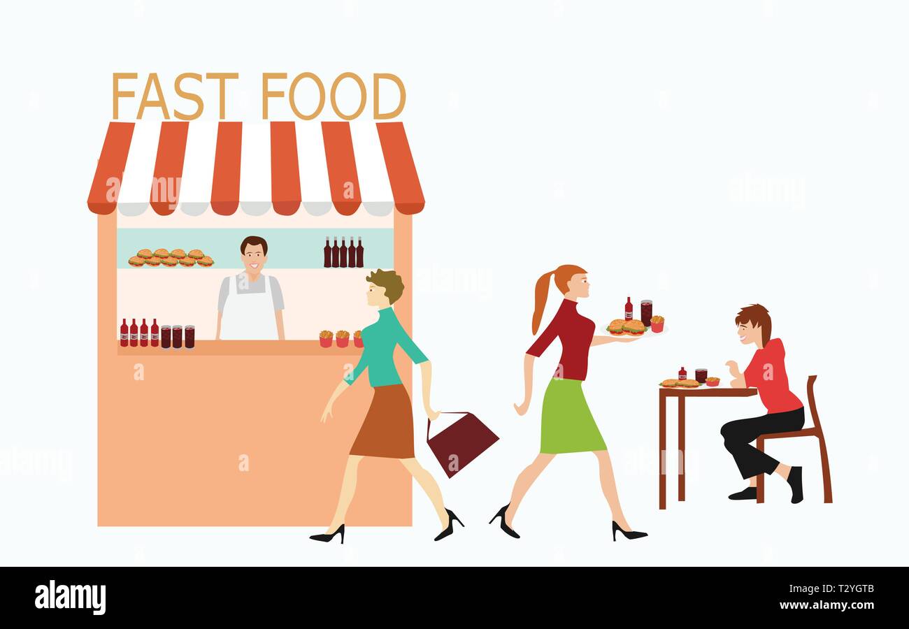 Women are buying fast food from a shop that has men selling. Come to ...