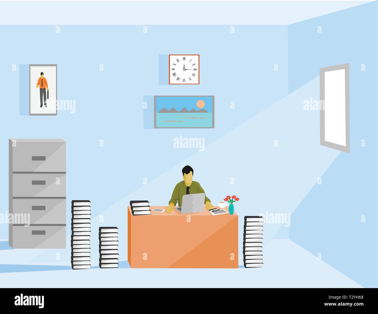 A business man is working on a lot of paperwork on a computer screen in ...