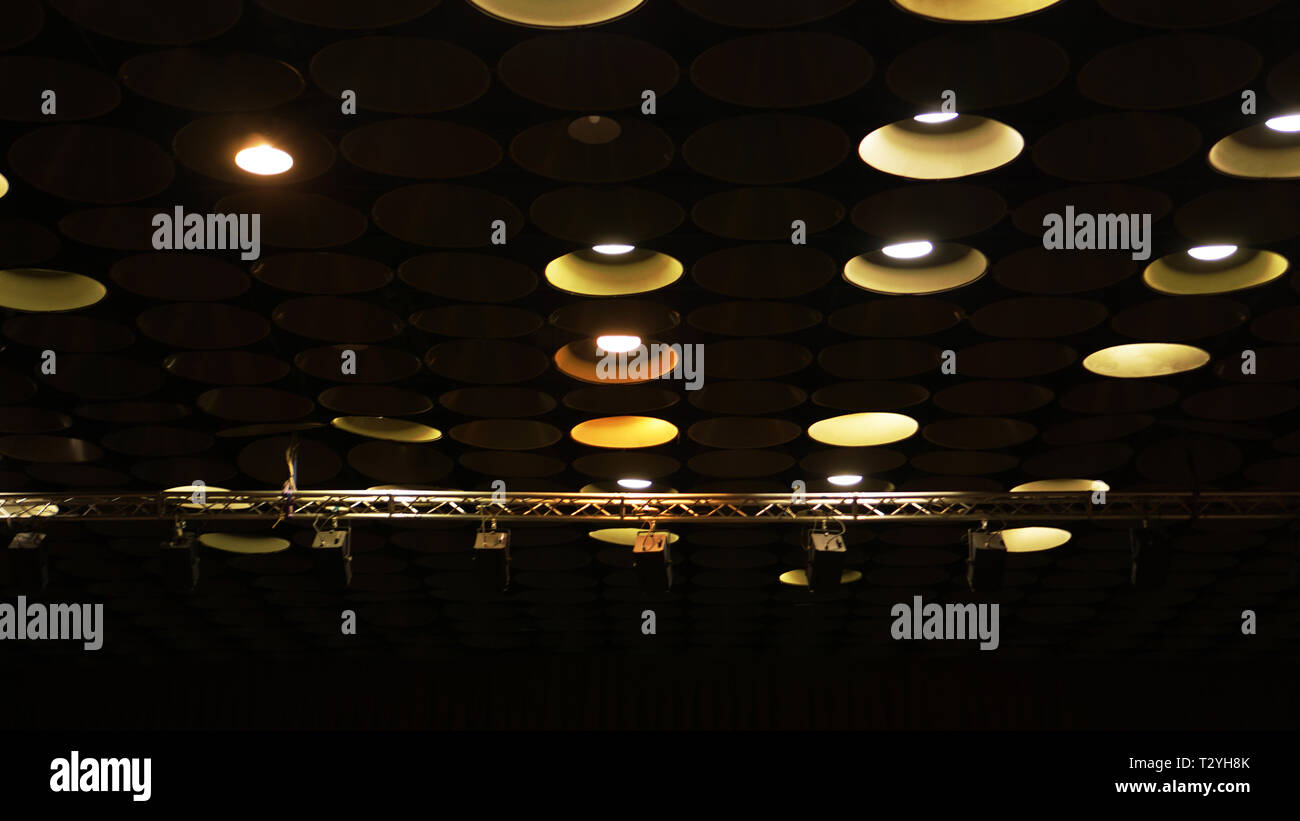 Spot lights and retro light bulbs in cinema hall on ceiling Stock Photo ...