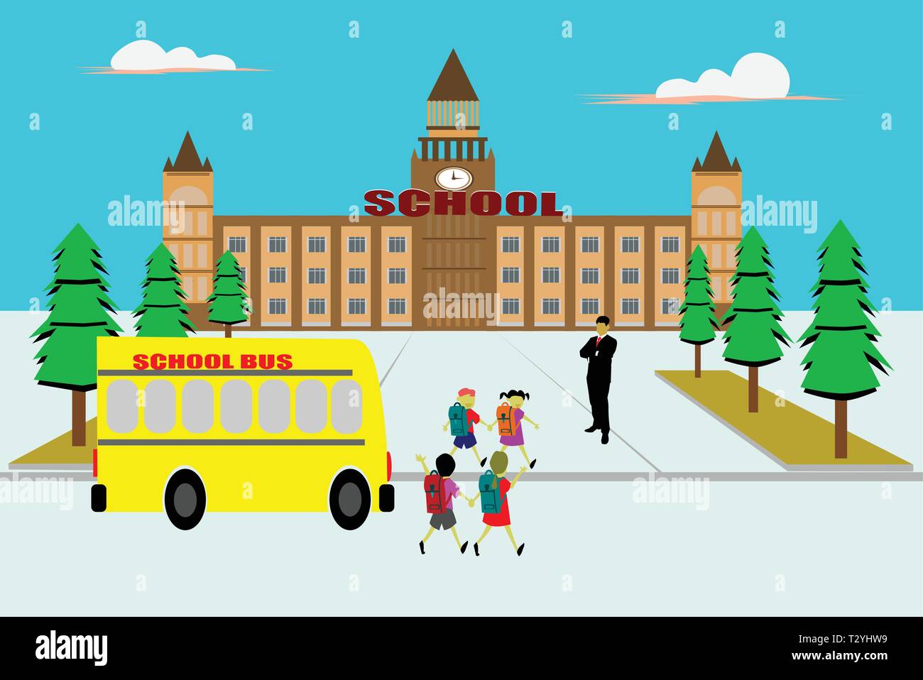 The students from the school bus happily to come to school. There is a ...