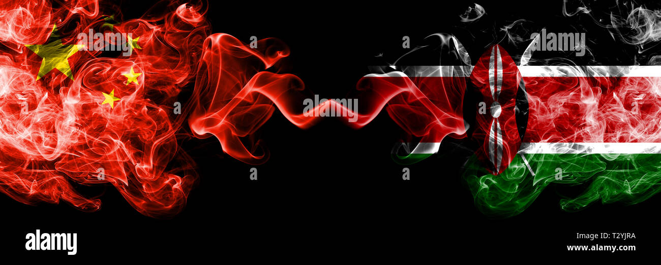 China vs Kenya, Kenyan smoke flags placed side by side. Thick colored ...