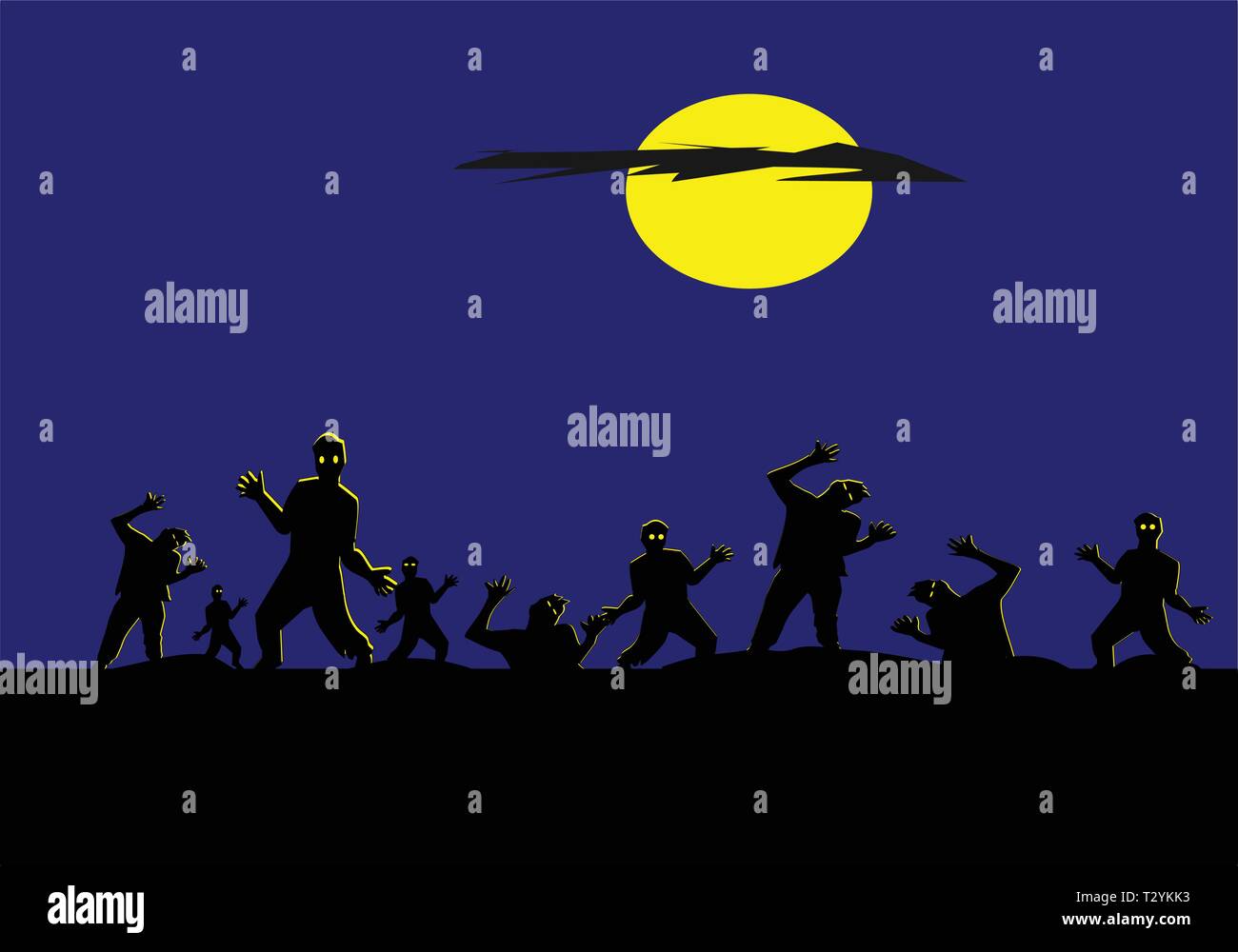 Group of silhouette zombies have moon and blue sky background Stock ...