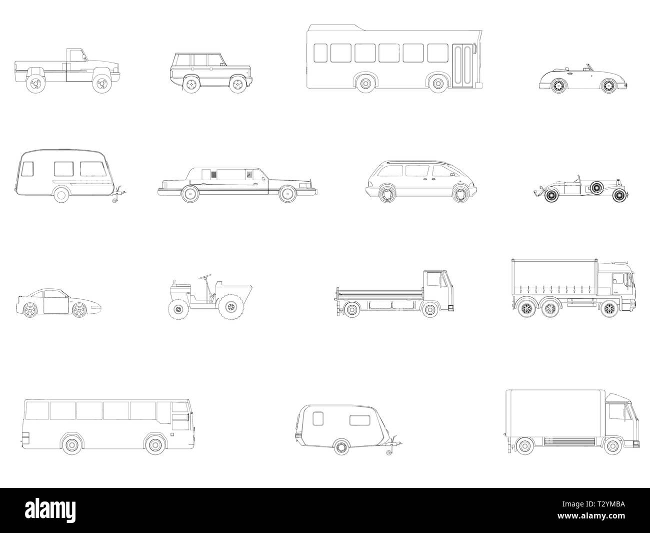Set with contours of cars. Buses, cars, limousine, trucks. Side view ...
