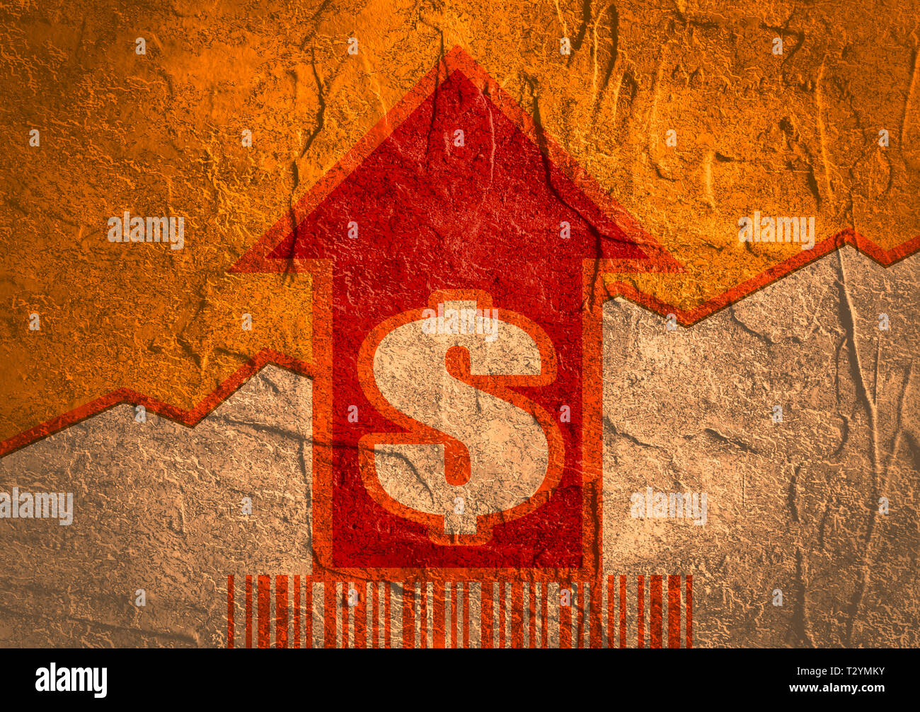 Dollar sign and rise up arrow. Growth diagram and bar code. Relative ...