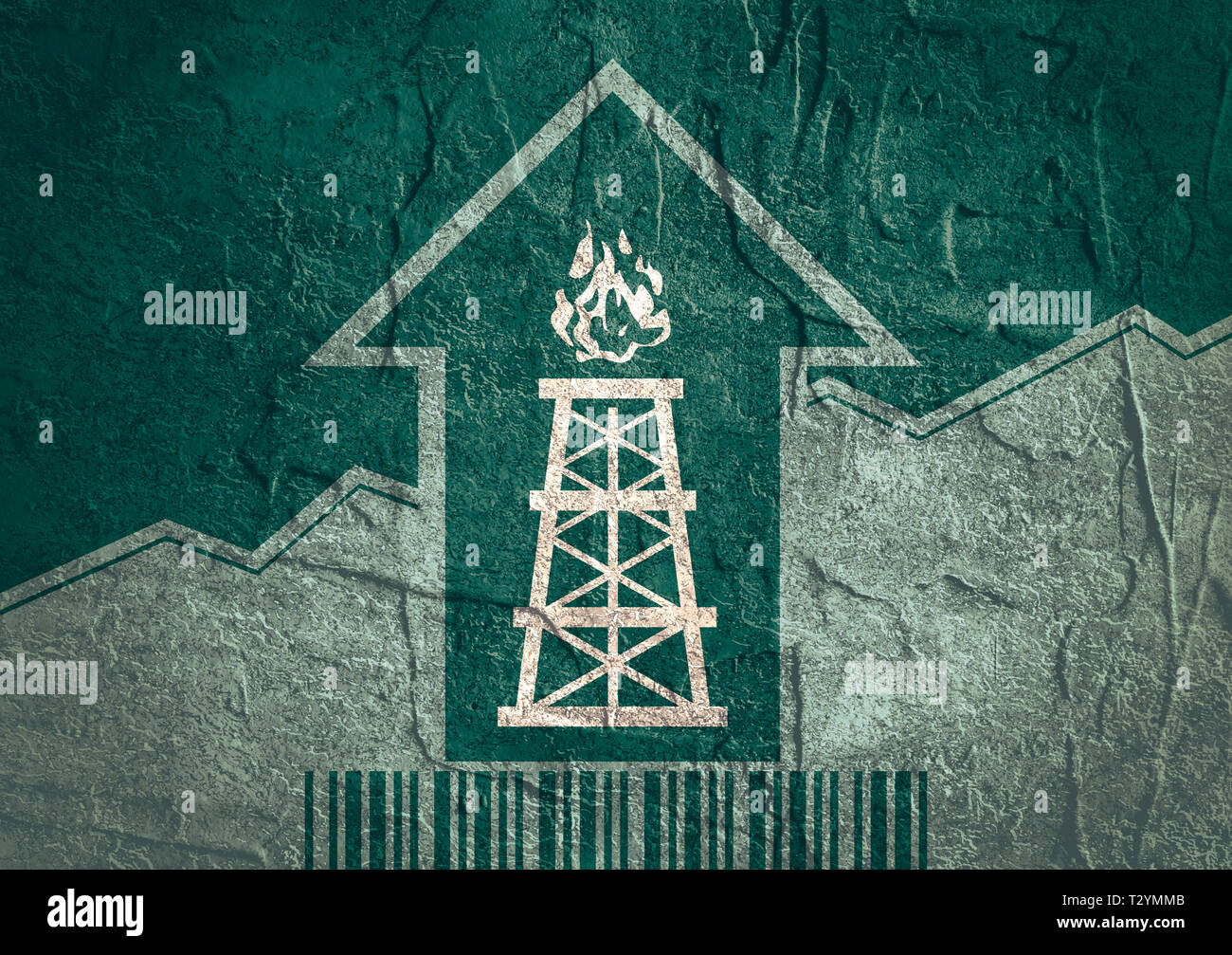 Gas rig icon and rise up arrow. Growth diagram and bar code. Concrete ...