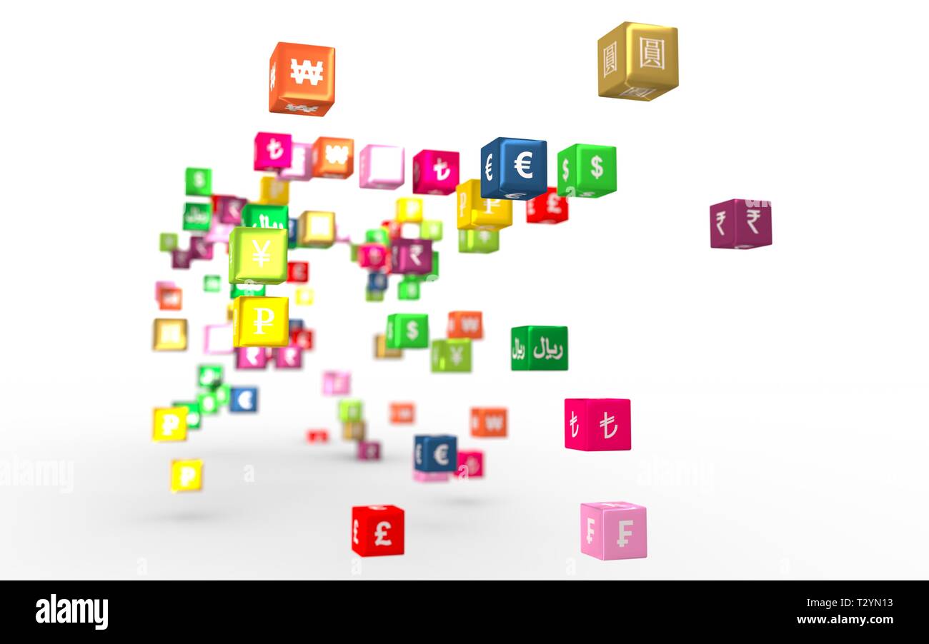 Currency symbols on vibrant multicolored plastic reflective cubes ...