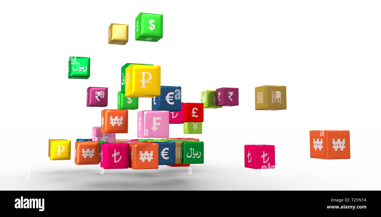 Currency symbols on vibrant multicolored plastic reflective cubes ...