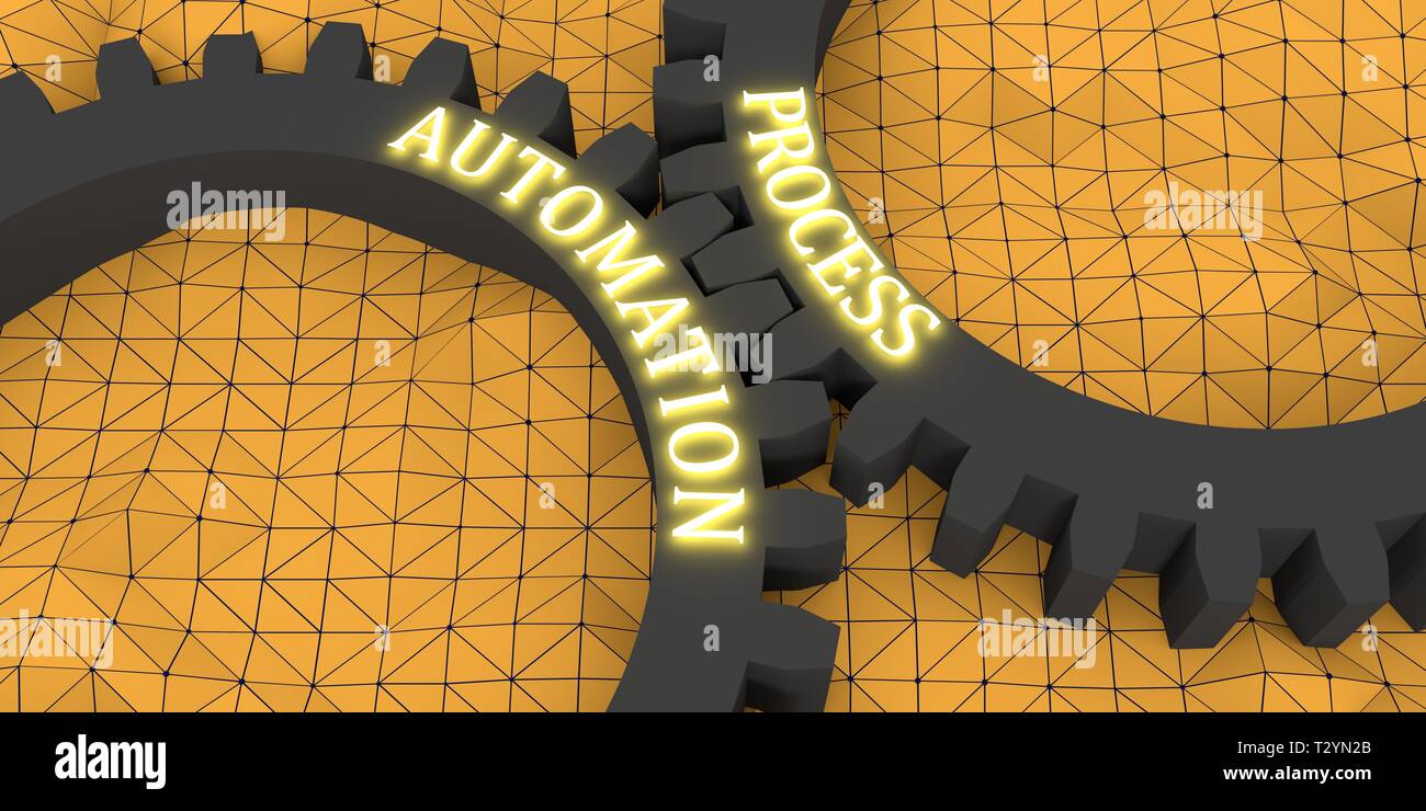 Process and Automation illuminated text on the mechanism of gears ...