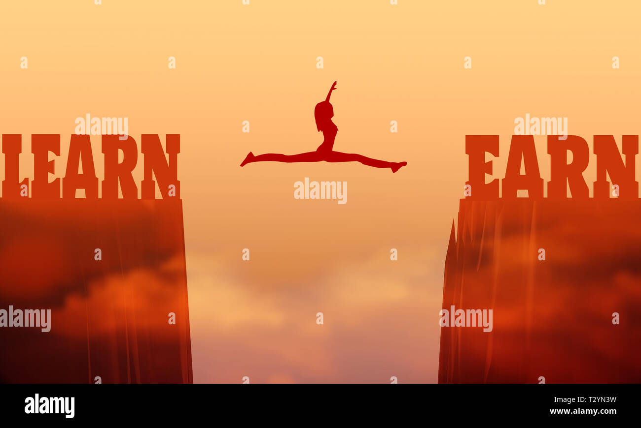 A woman jump between learn and earn words. Girl silhouette jumping over ...