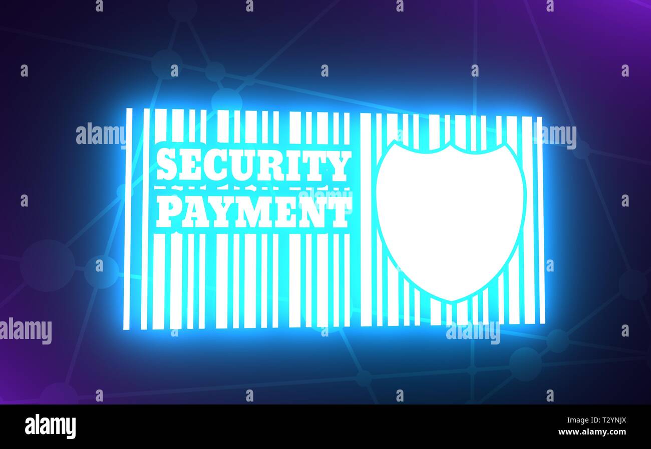 Buyer protection. Internet payments security. Bar code and shield. Neon ...