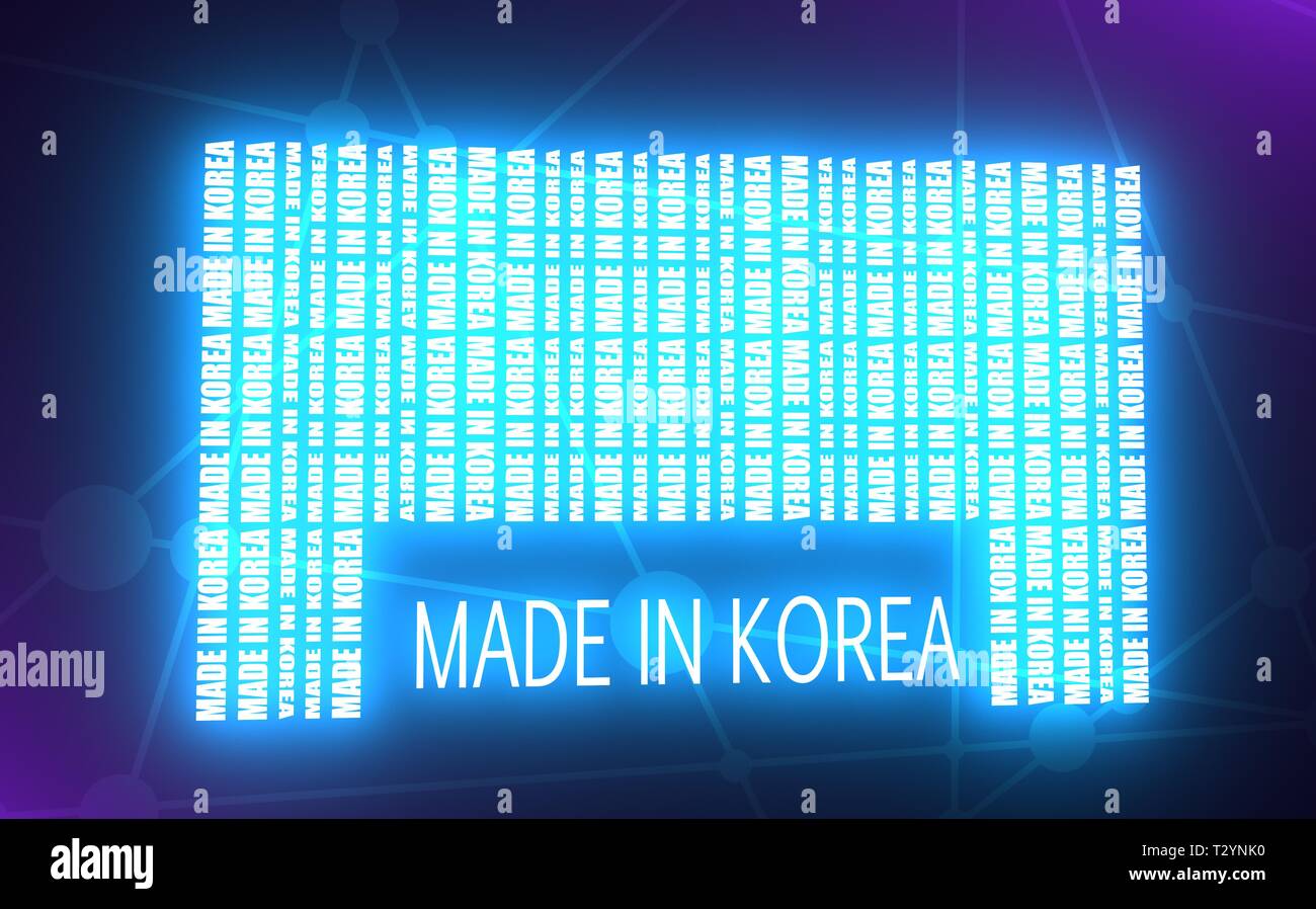 Made in Korea in bar code. Lines consist of words. Neon light ...