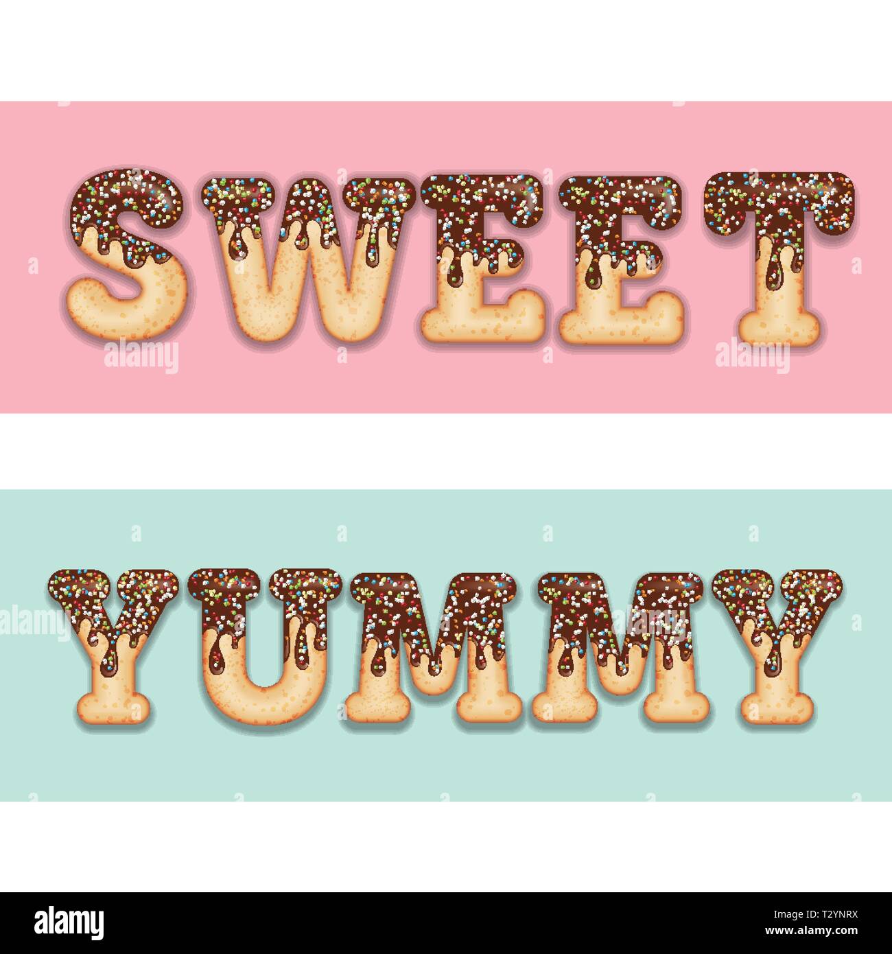 Tempting typography. Icing text. Words "sweet" and "yummy" glazed with ...