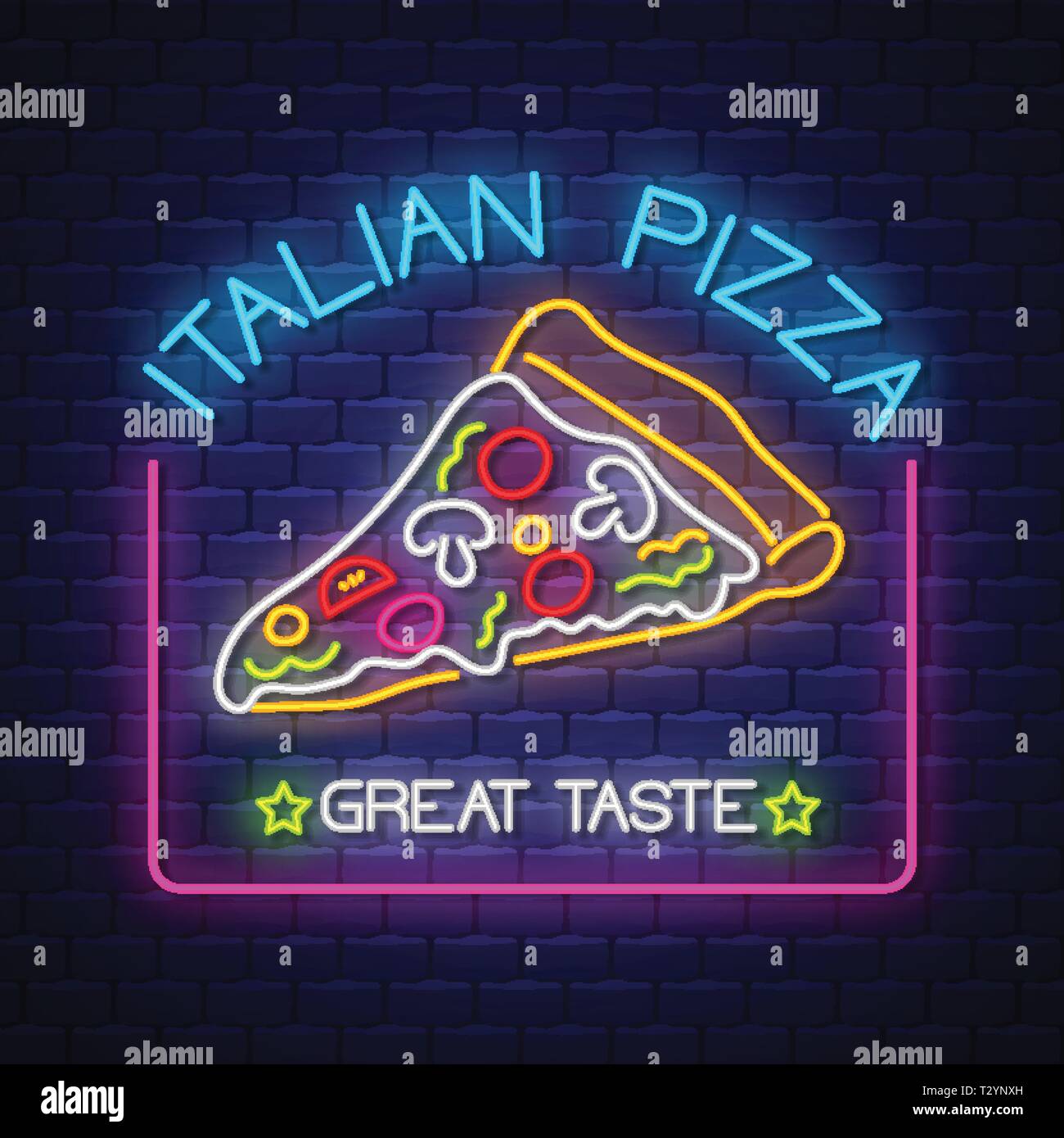 Italian Pizza - Neon Sign Vector. Italian Pizza - neon sign on brick ...