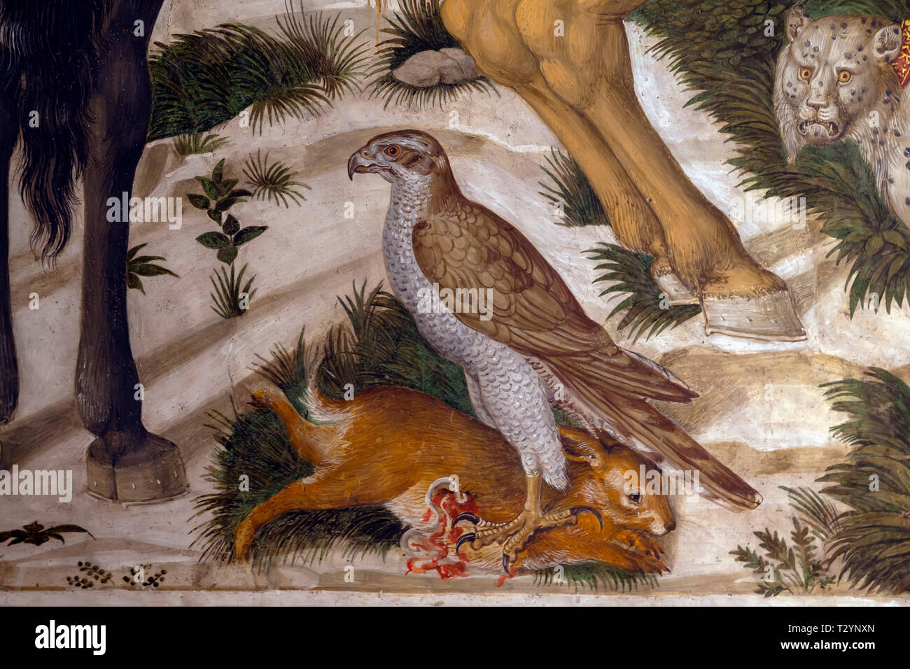 Goshawk killing rabbit, detail, Procession of the Old King, west wall ...