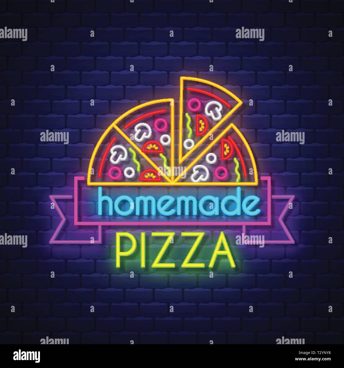 Homemade Pizza - Neon Sign Vector. Homemade Pizza - neon sign on brick ...