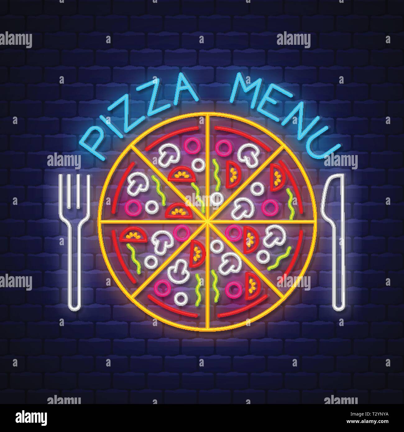 Pizza Menu - Neon Sign Vector. Pizza Menu - neon sign on brick wall ...